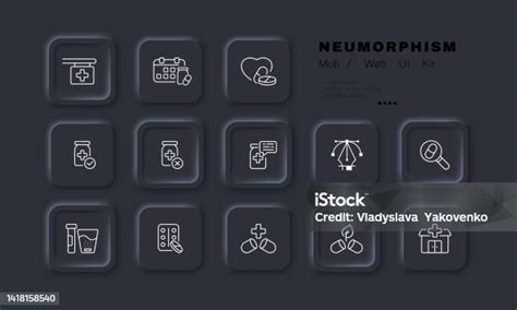 의약품 세트 아이콘입니다 약국 간판 알약 일정 심장 달력 돋보기 물 한 잔 발포성 정제 잎 병원 처방전 의료 개념 신형성 벡터 선 아이콘 3차원 형태에 대한 스톡 벡터 아트