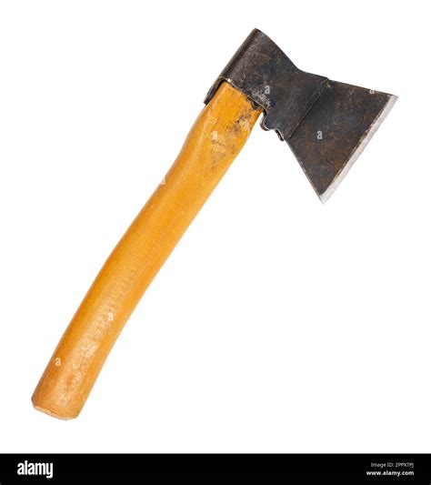 Small Tourist Hatchet On Wooden Handle With Sharp Edge Of Blade Isolated On White Background