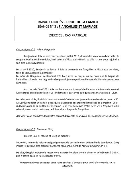 Cas Pratiques S Ance Cas Pratique Droit De La Famille Travaux Dirig S Droit De La