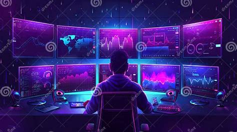 Trader Analyzing Financial Data On Multiple Computer Screens Focused