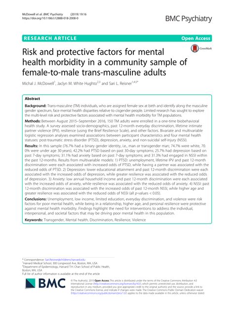 Pdf Risk And Protective Factors For Mental Health Morbidity In A Community Sample Of Female To