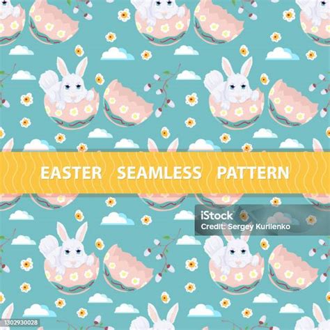 부활절 원활한 패턴 플랫 일러스트는 어린이 낙서 토끼의 스타일에 컬러 계란 도면의 껍질에 임의의 순서로 배열됩니다 개념에 대한 스톡 벡터 아트 및 기타 이미지 Istock