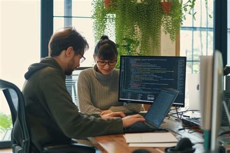 Young Female Programmer Standing On Her Desk Coding On A Laptop Having