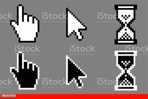 흑인과 백인 화살표 픽셀 픽셀 마우스 손 커서 아이콘 벡터 일러스트 레이 션 세트 고리 사슬에 대한 스톡 벡터 아트 및 기타 이미지 고리 사슬 컴퓨터 마우스