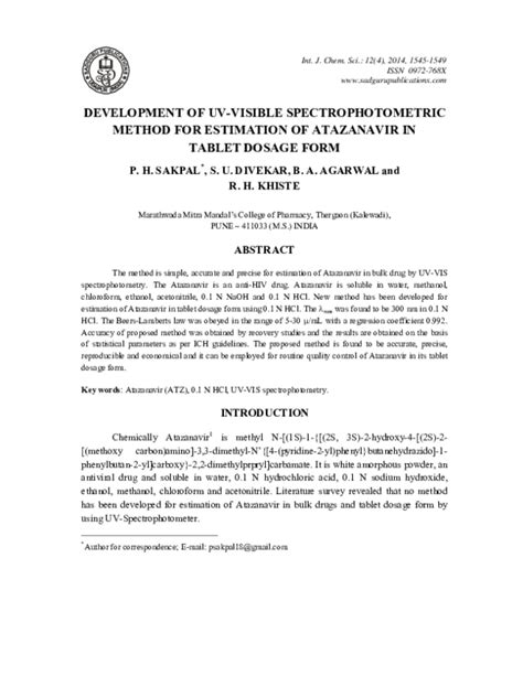 Pdf Development Of Uv Visible Spectrophotometric Method For Estimation Of Atazanavir In Tablet