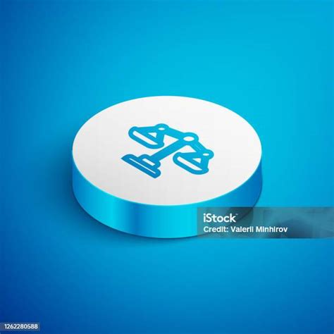 파란색 배경에 격리 된 정의 아이콘의 등색 선 저울 법원 기호 밸런스 스케일 기호입니다 흰색 원 버튼 벡터 3차원 형태에 대한 스톡 벡터 아트 및 기타 이미지 Istock