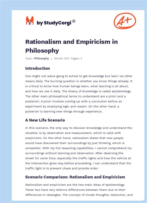 Rationalism And Empiricism In Philosophy Free Essay Example