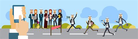 아랍 사업가 건너 결승 선 손을 잡고 가젯 착용 오피스 슈트 레이스 테이프 위치에 지도자 절연 파란색 배경에 평면 공간 복사 가득 찬에 대한 스톡 벡터 아트 및 기타 이미지