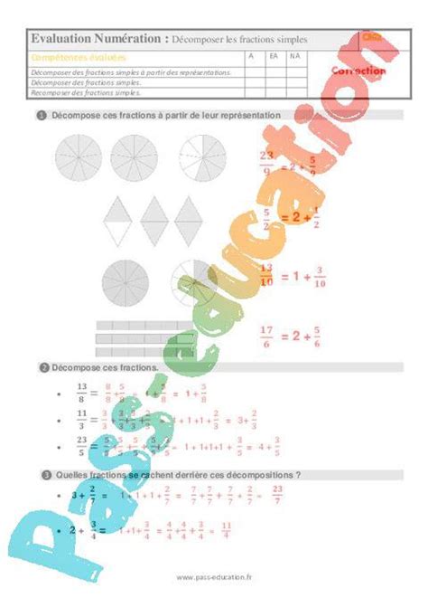 Décomposer Les Fractions Simples Au Cm2 Evaluation Avec La Correction Pdf à Imprimer Par