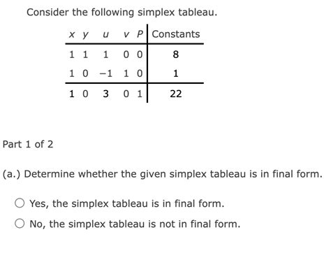 solved consider the following simplex tableau art 1 of 2