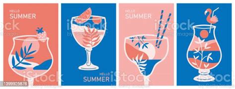 현대 벽 아트 인쇄 세트 바다 해변 풍경과 추상 칵테일 안경 인사말 카드 배너 포장 표지 및 소셜 미디어 디자인을위한 여름 템플릿 칵테일에 대한 스톡 벡터 아트 및 기타