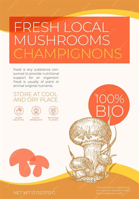 신선한 지역 버섯 레이블 템플릿 추상 벡터 포장 디자인 레이아웃 손으로 그린 샴피뇽 스케치 실루엣 배경이 있는 현대적인 타이포그래피 배너 프리미엄 벡터