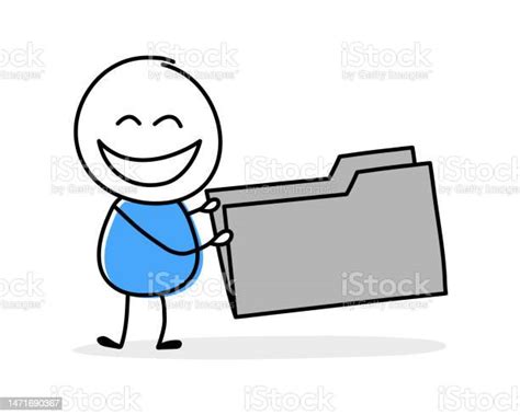 파일 폴더 아이콘을 들고 있는 재미있는 만화 스틱맨 비즈니스 프리젠 테이션을위한 손으로 그린 디자인 벡터 그림 가지 식물 부위에