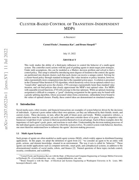 pdf cluster based control of transition independent mdps