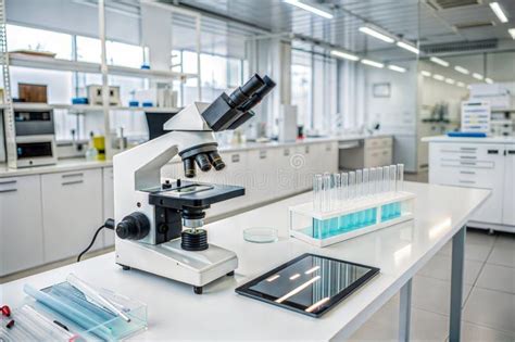 Modern Laboratory Setup With Microscope And Test Tubes Stock