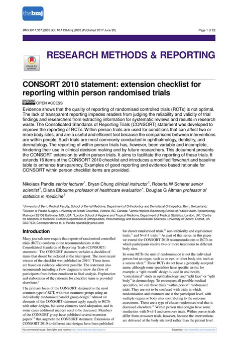 Pdf Consort 2010 Statement Extension Checklist For Reporting Within Person Randomised Trials