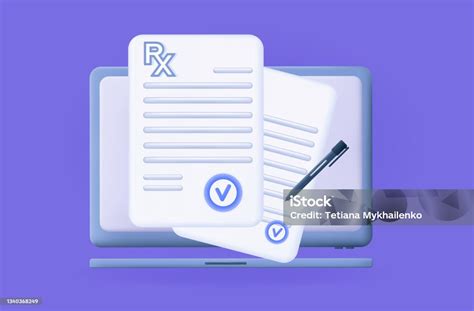 처방전 Rx 3d 전자 의료 문서에 서명합니다 치료를위한 온라인 의사 약속 온라인 약물과 제약 양식 컴퓨터 화면의 레시피 페이지입니다 벡터 일러스트레이션 의사에 대한 스톡