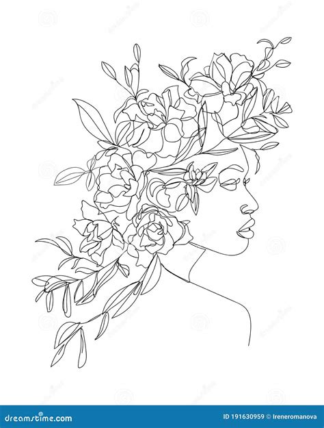 Retrato De Joven Hermosa Mujer Con Flores En La Cabeza Dibujo De Línea