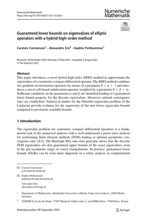Pdf Guaranteed Lower Bounds On Eigenvalues Of Elliptic Operators With A Hybrid High Order Method