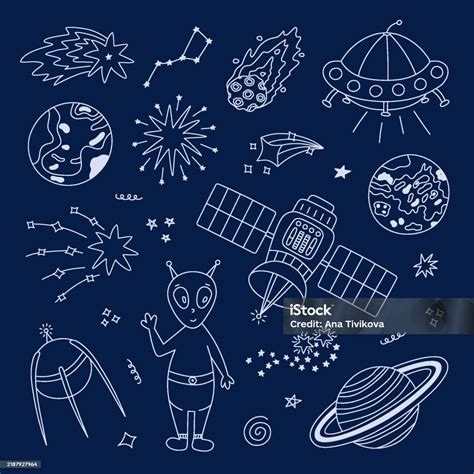 친근한 외계인 비행 접시 위성 행성 금성 북두칠성이 있는 귀여운 선 공간과 천문학 세트 은하계의 어린아이 같은 상징 손으로 그린 윤곽선 낙서 모음은 배경에 고립되어 있습니다