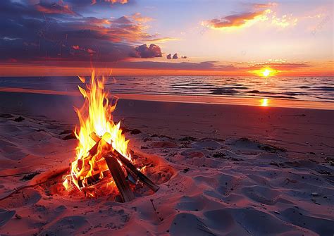 A Beach Bonfire At Sunset Creating Warm Glow Against The Serene Ocean
