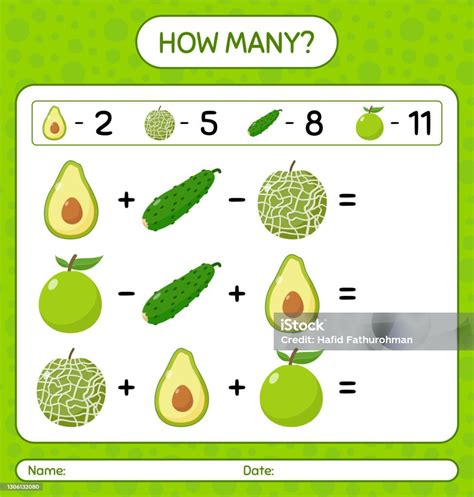 얼마나 많은 계산 게임 배 담금질 수박 오이 아보카도 유치원 아이들을위한 워크 시트 어린이 활동 시트 인쇄 가능한 워크 시트 0명에 대한 스톡 벡터 아트 및 기타 이미지
