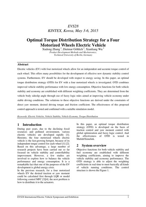 Pdf Optimal Torque Distribution Strategy For A Four Motorized Wheels