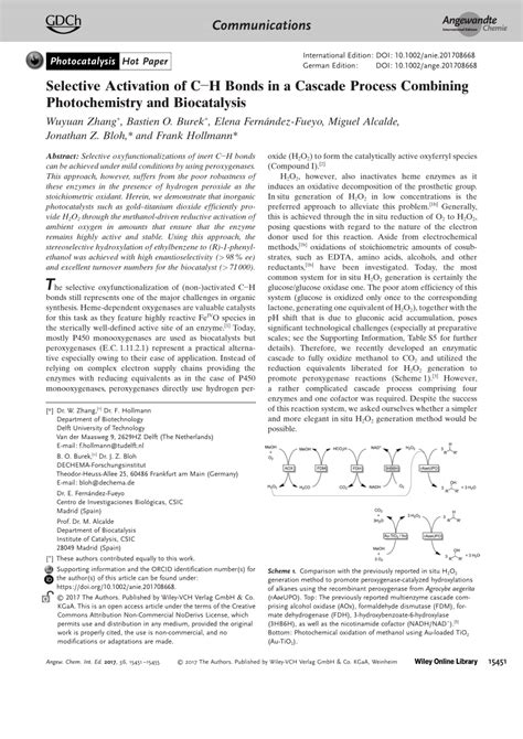 Pdf Selective Activation Of C‐h Bonds By Cascading Photochemistry With Biocatalysis