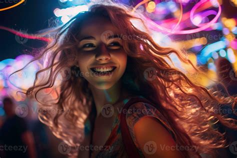 Portrait Of Young Beautiful Woman Dancing In Night Club With Lights Ai