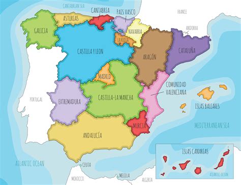 Vector Ilustrado Mapa De España Con Regiones Y Territorios Y Administrativo Divisiones Y Vecino