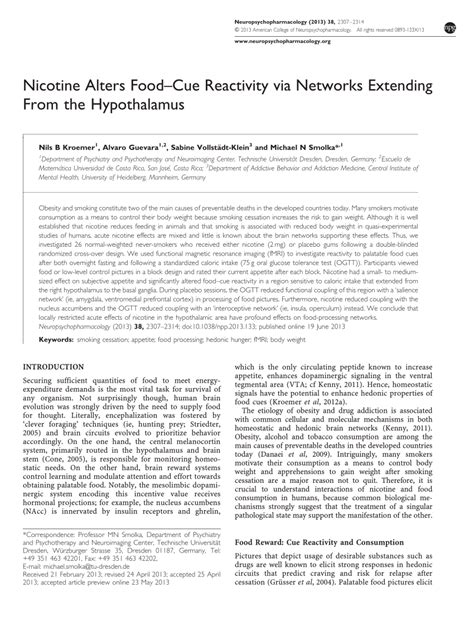 Pdf Nicotine Alters Foodcue Reactivity Via Networks Extending From