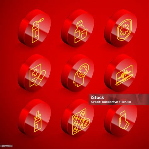 세트 라인 노즐 스프레이 병 의학 시럽 의료 방패 십자가 처방전 남성 머리 병원 노트북 심장 검사 비강 및 알약 물집 팩 아이콘 벡터 3차원 형태에 대한 스톡 벡터 아트 및