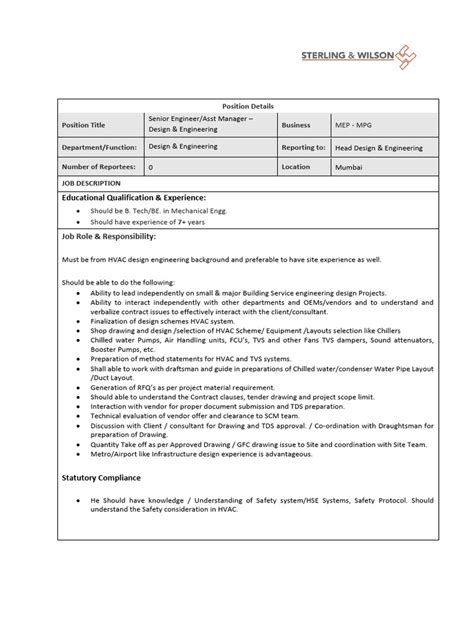 Sr Engg Asst Manager Design And Engineering Mep Mpg Pdf