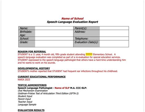 Speech Language Evaluation Report Template Gfta 3 By The Proficient Slp