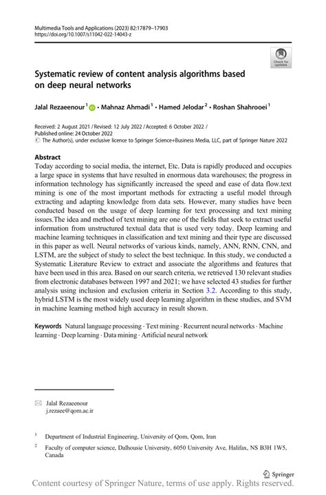 Systematic Review Of Content Analysis Algorithms Based On Deep Neural