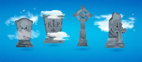 묘지 무덤과 묘비 벡터 세트는 격리된 만화 묘지 묘비와 묘지 Hea 프리미엄 벡터