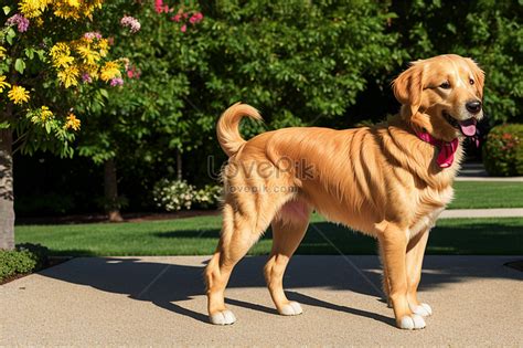 정원 생성 인공 지능에서 서 있는 골든 리트리버 사진 무료 다운로드 Lovepik