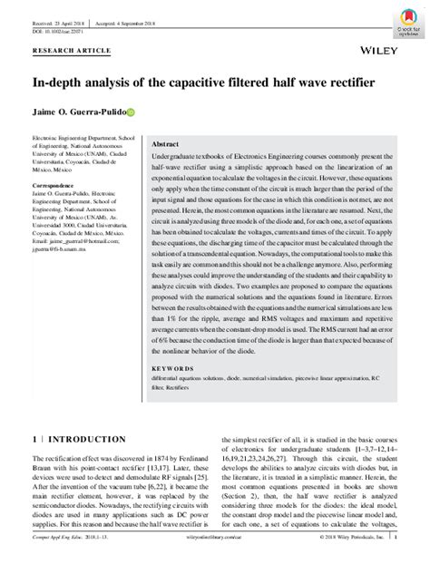 Pdf In Depth Analysis Of The Capacitive Filtered Half Wave Rectifier