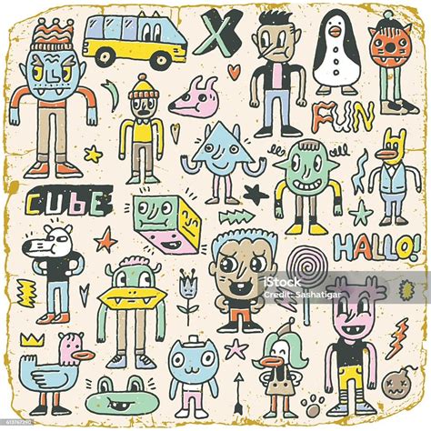 재미 엉뚱한 낙서 문자 세트 1 빈티지 텍스처 벡터 일러스트레이션 개에 대한 스톡 벡터 아트 및 기타 이미지 개 개구리