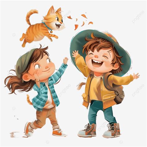 어린이 캐릭터가 고양이와 놀아요 어린이들 캐릭터 세트 Png 일러스트 및 이미지 에 대한 무료 다운로드 Pngtree