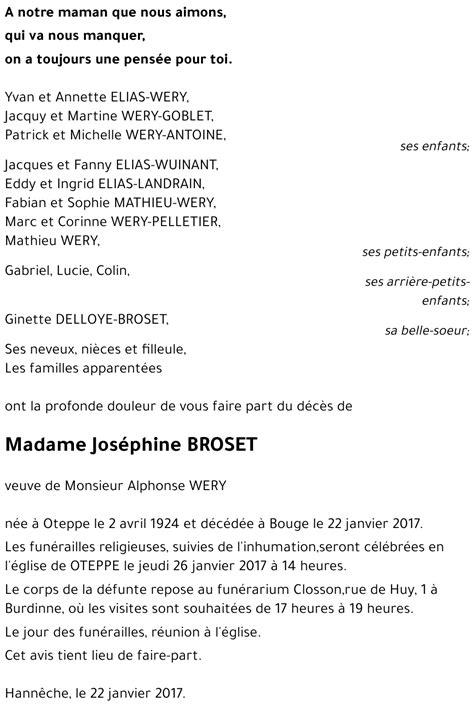 Avis De Décès De Joséphine Broset Décédé Le 22 01 2017 à Bouge Annonce Condoléances Fleurs