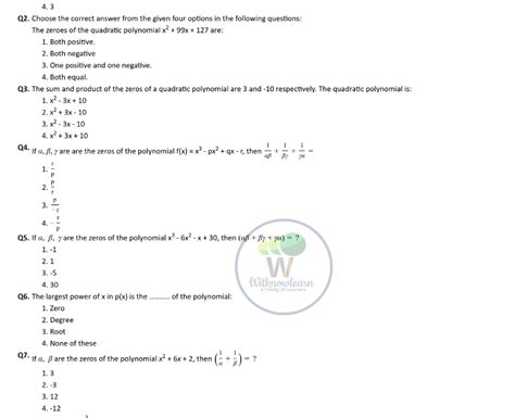 Polynomials Class 10 Worksheet With Solutions Including Mcqs
