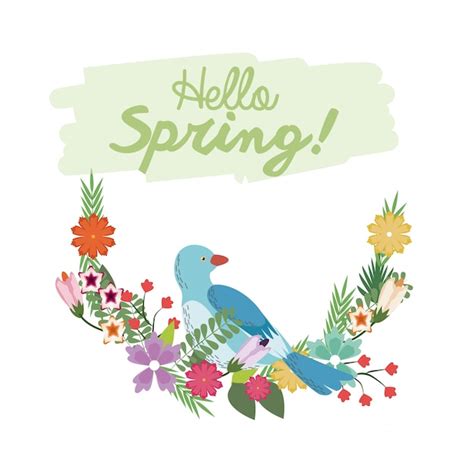 Premium Vector Hello Spring Lettering With Bird Flower Branch Botanical Poster
