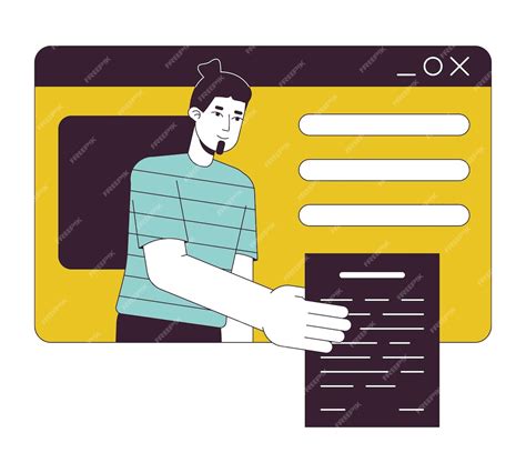 프리랜서는 문서 플랫 라인 개념 벡터 스팟 일러스트레이션을 제공합니다 웹 페이지 모형 배경의 남자 웹 Ui 디자인을 위한 흰색의 2d 만화 개요 문자 편집 가능한 격리된