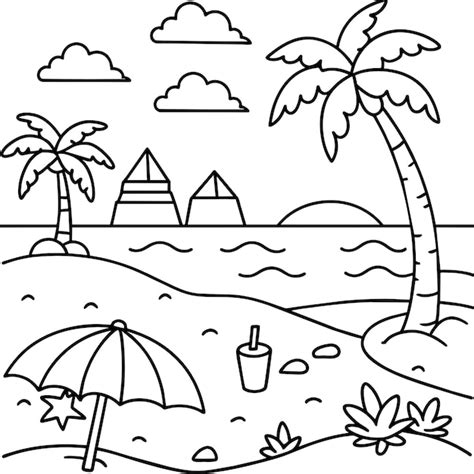 해변 컬러링 페이지 프리미엄 벡터