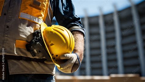 Construction Worker Holding His Helmet And Wearing Fluorescent Waistcoat While Looking At