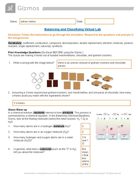 Copy Of Balancing And Classifying Virtual Lab Name Adrian Molina