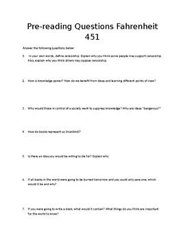 Fahrenheit Pre Reading Questions By Mrs Ogides Store TPT