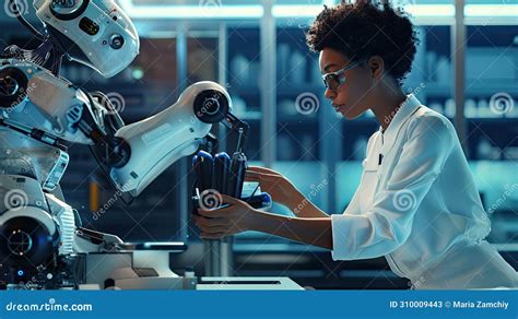 High Tech Laboratory Illustration Of Woman And Robot Assistants