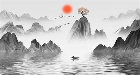 美丽山峰秀美湖水风景画PSD素材 爱图网